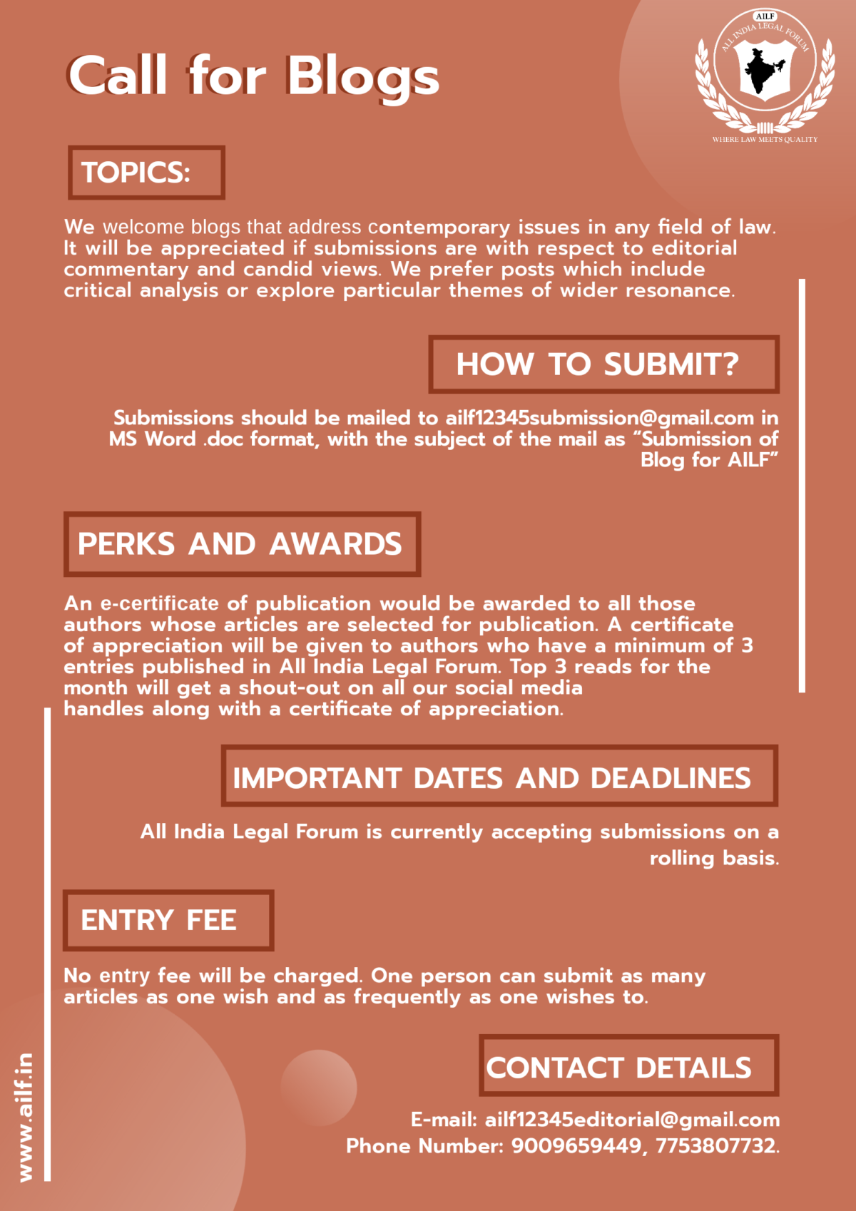 Call for Blogs: All India Legal Forum: No submission fees; Submissions ...